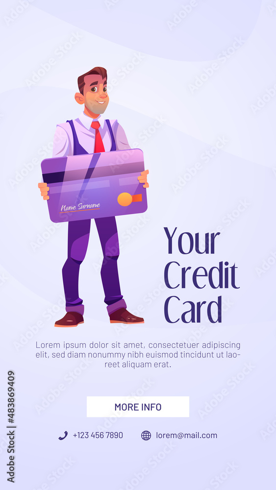 Credit card poster with happy man customer or bank manager. Vector ...