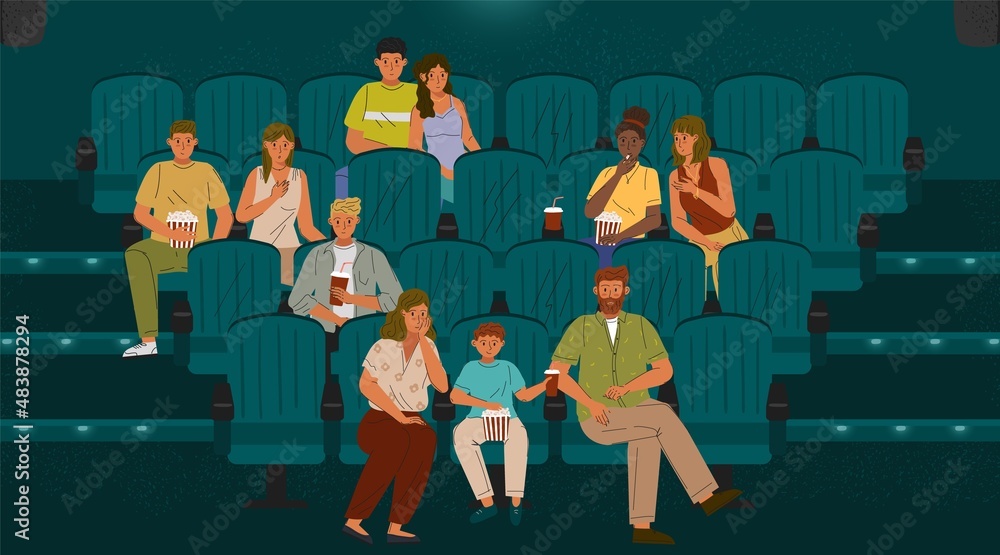 People watching movie at cinema theater and sitting in chairs in ...