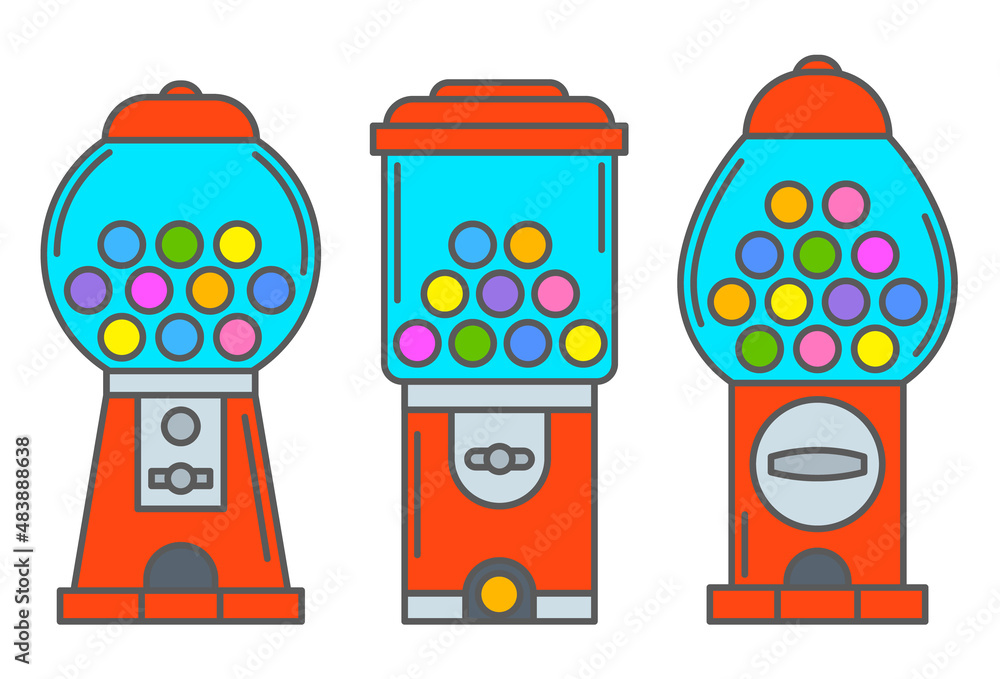 Gumball machine icon set. Retro vending dispenser for candies and ...