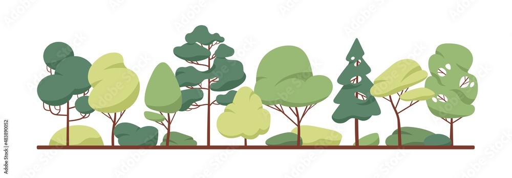 Green tree border. Forest foliage and coniferous plants in row. Mixed ...