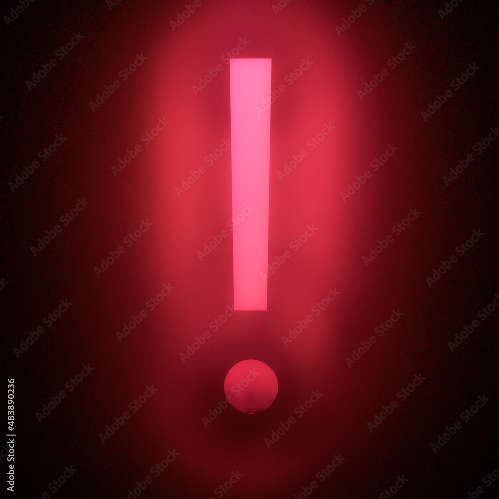 Red exclamation mark neon. Red abstract exclamation mark backlight. 3D ...