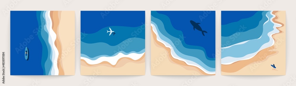 Ocean landscape top view. Sea waves from above, cartoon seaside, beach ...