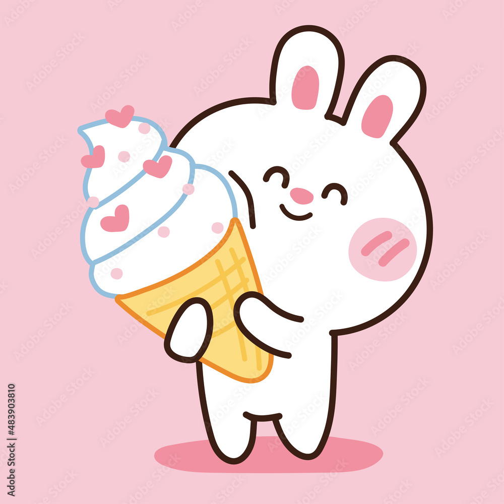 Cute rabbit with ice cream on pink background.Animal character cartoon ...