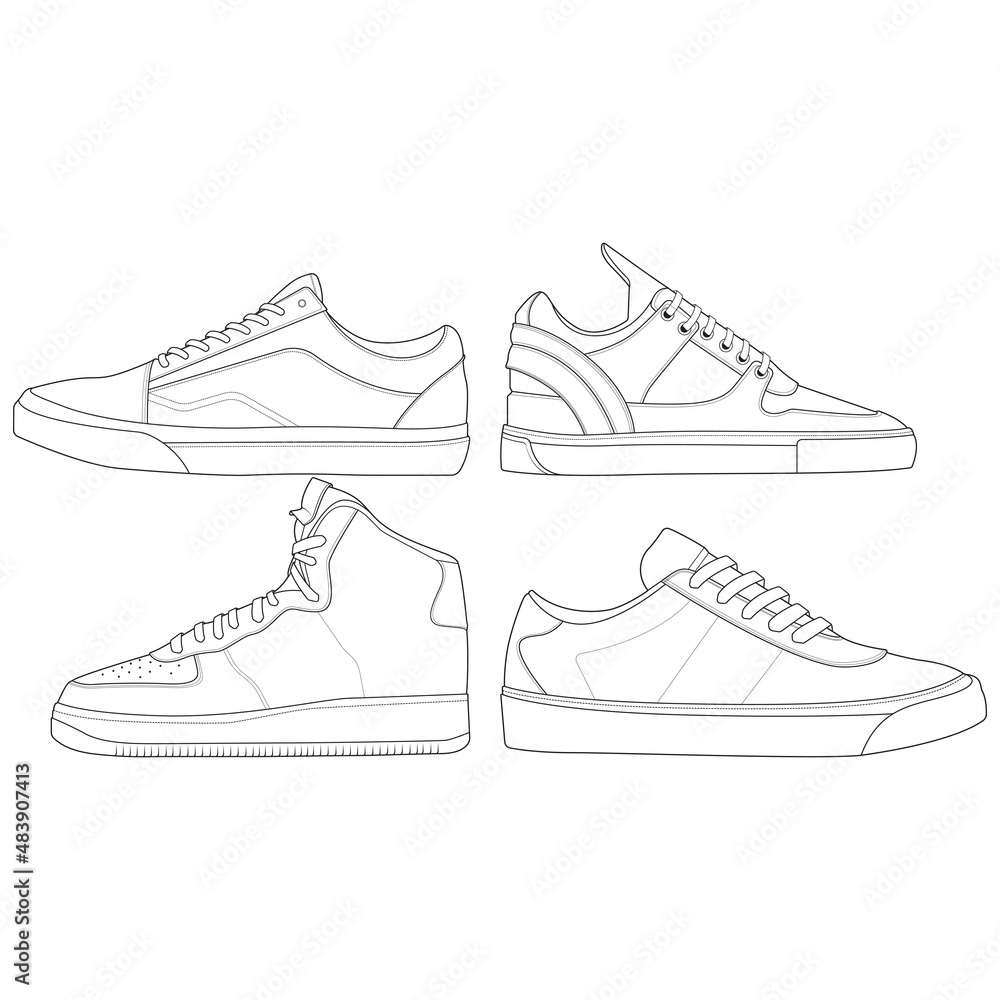 set of outline Cool Sneakers. Shoes sneaker outline drawing vector ...