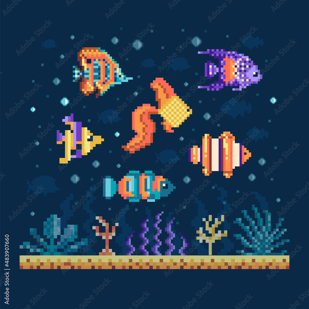 Pixel Art Fishes on Seabed Underwater Landscape Stock Vector | Adobe Stock