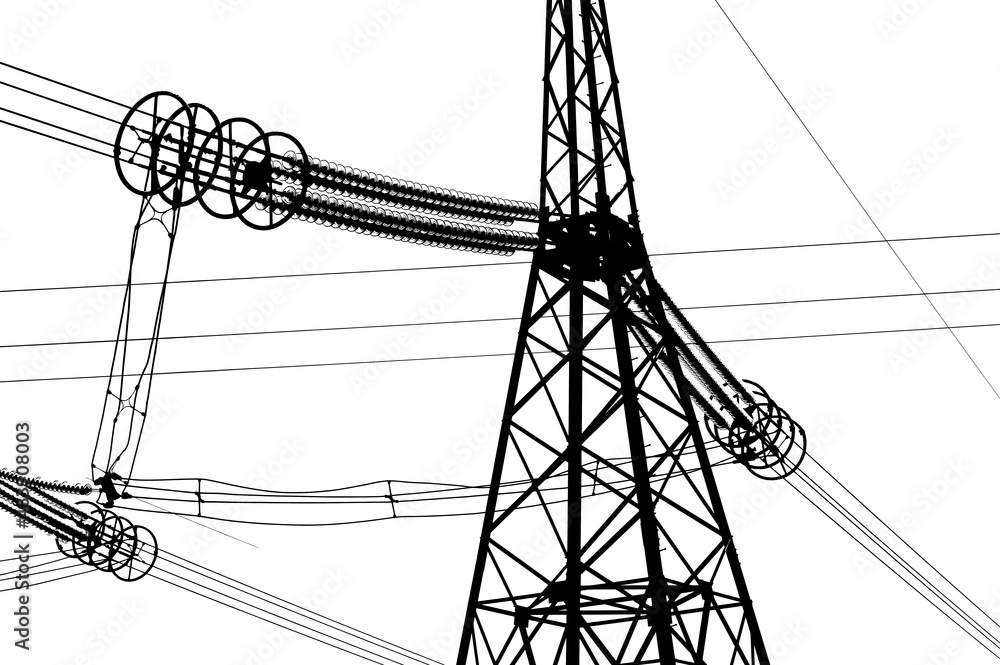 Black and white illustration - high voltage power line on a white ...