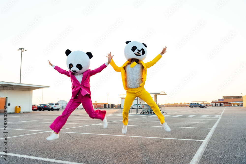 Storytelling image of a couple wearing giant panda head. Man and woman ...