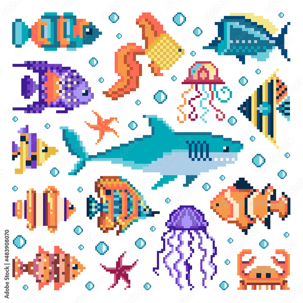 Pixel Art Fishes and Sea Animals Set Stock Vector | Adobe Stock