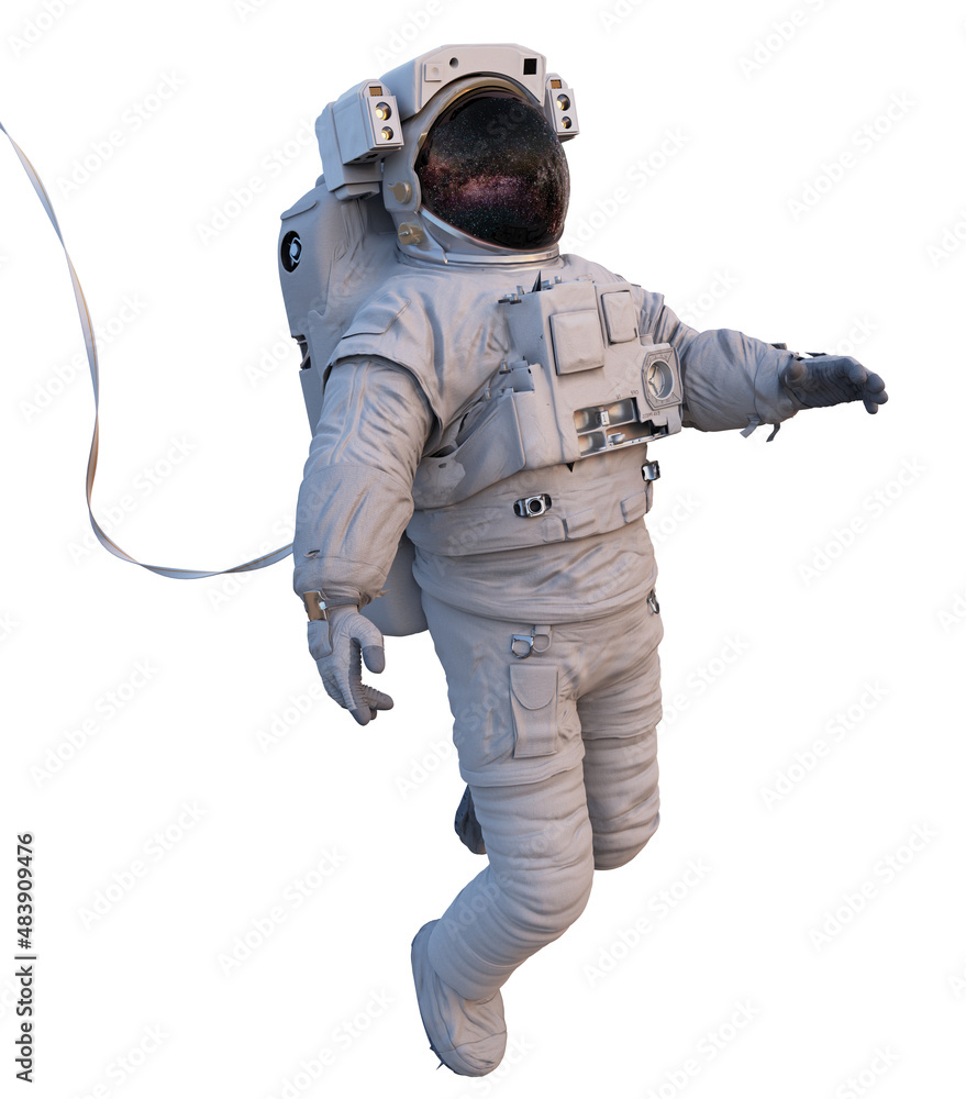 astronaut with safety tether in outer space, isolated on white ...