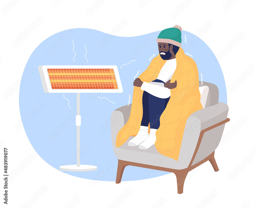 Warming at home 2D vector isolated illustration. Freezing man sitting ...