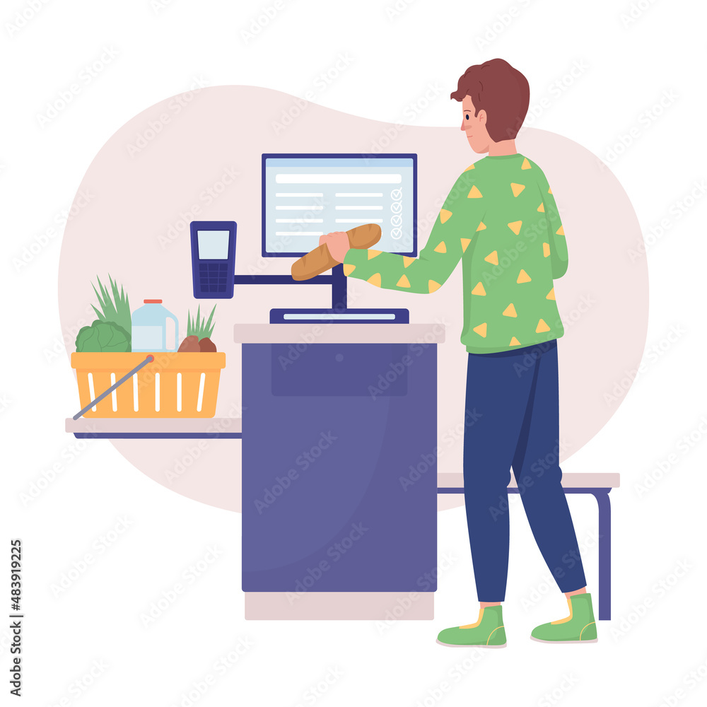 Scanner food in shop 2D vector isolated illustration. Man buying ...