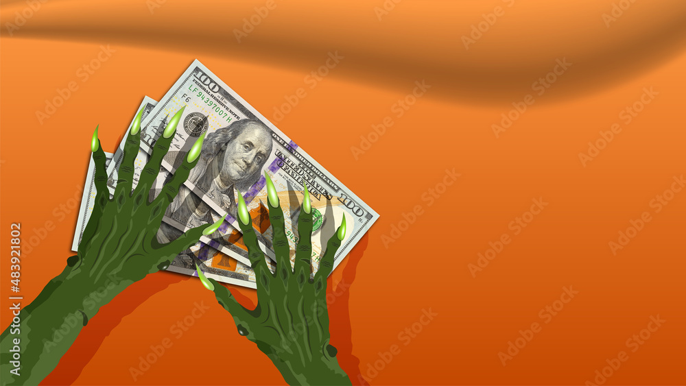 Scary and finance illustration. Green clawed hands of a witch over ...