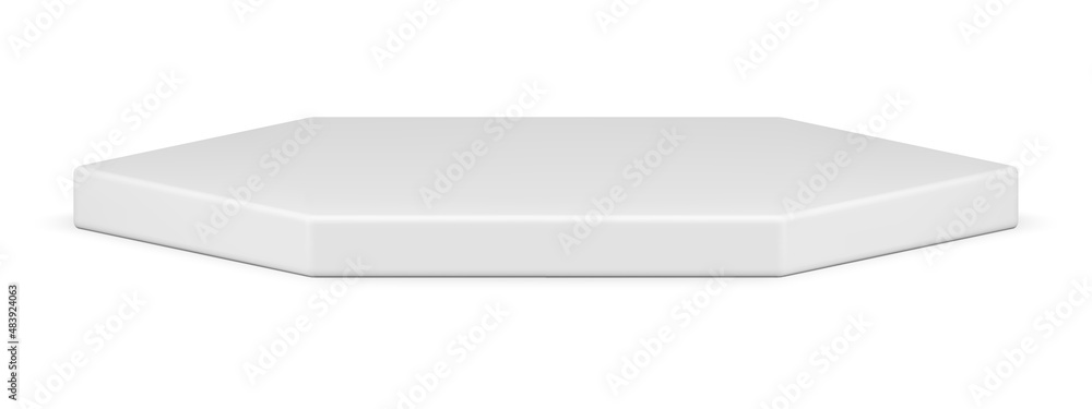 Realistic white clean polygonal six sided stage podium shape 3d ...