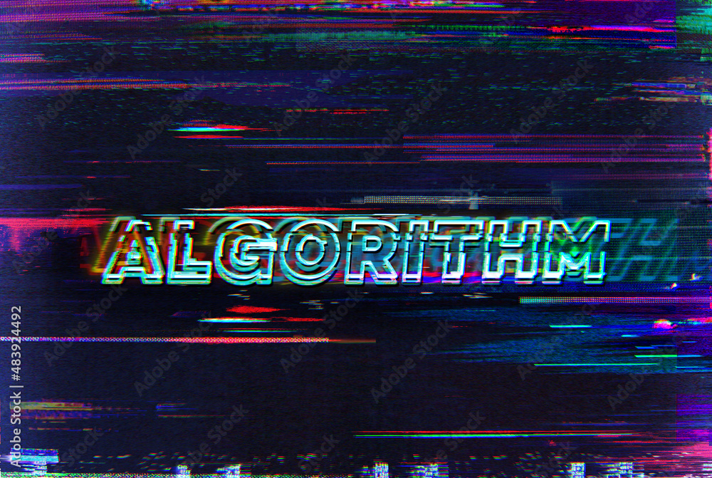 Algorithm. Glitch art corrupted graphics typography illustration in retro style of vintage TV ...