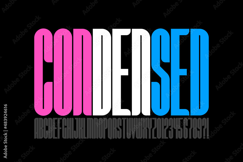 Condensed style modern font design, alphabet letters and numbers vector ...
