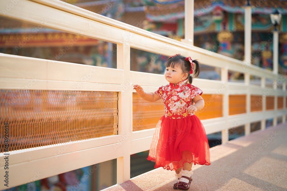 Asia Chinese baby girl in chinese tradition cloth walk in temple use as ...