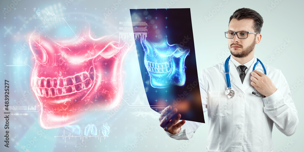 Medical poster, human skull anatomy, jaw x-ray, teeth snapshot. The ...