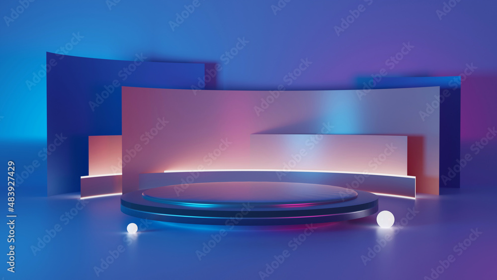 Modern Empty Stage Reflective Room With Purple And Blue Glowing Neon ...