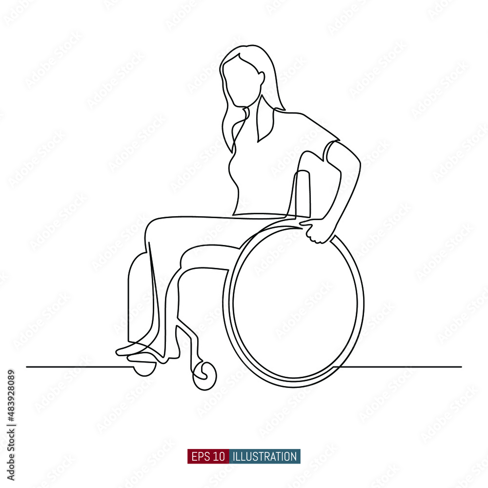 Continuous line drawing of The girl is sitting in a wheelchair ...