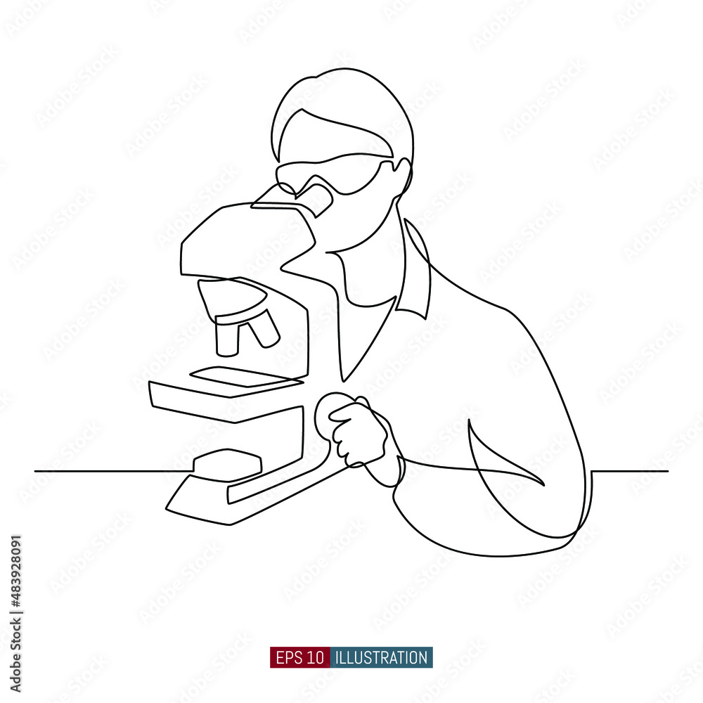 Continuous line drawing of Woman working with a microscope. Scene in a ...