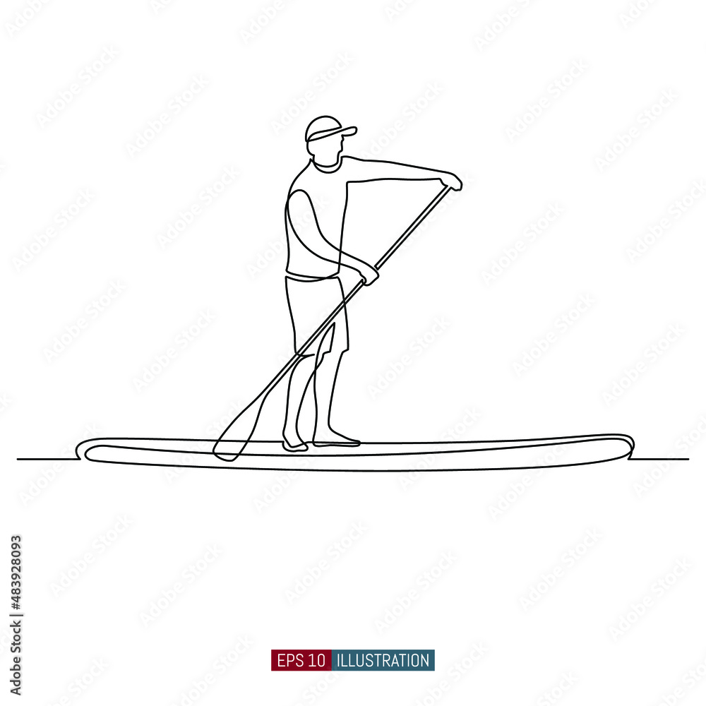 Continuous line drawing of Man on puddleboard. SUP boarding. Template ...