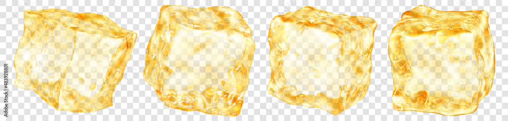 Set of four realistic translucent ice cubes in yellow color, isolated ...