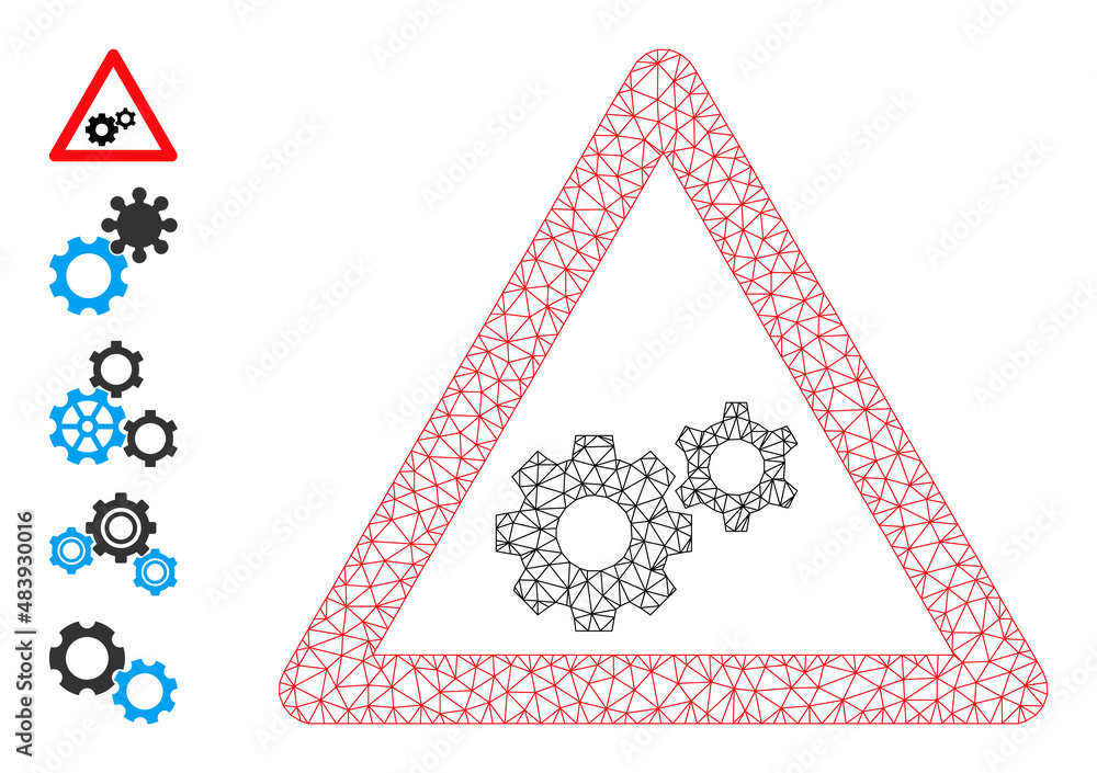 Vector gears warning mesh icon structure. Abstract flat mesh gears ...