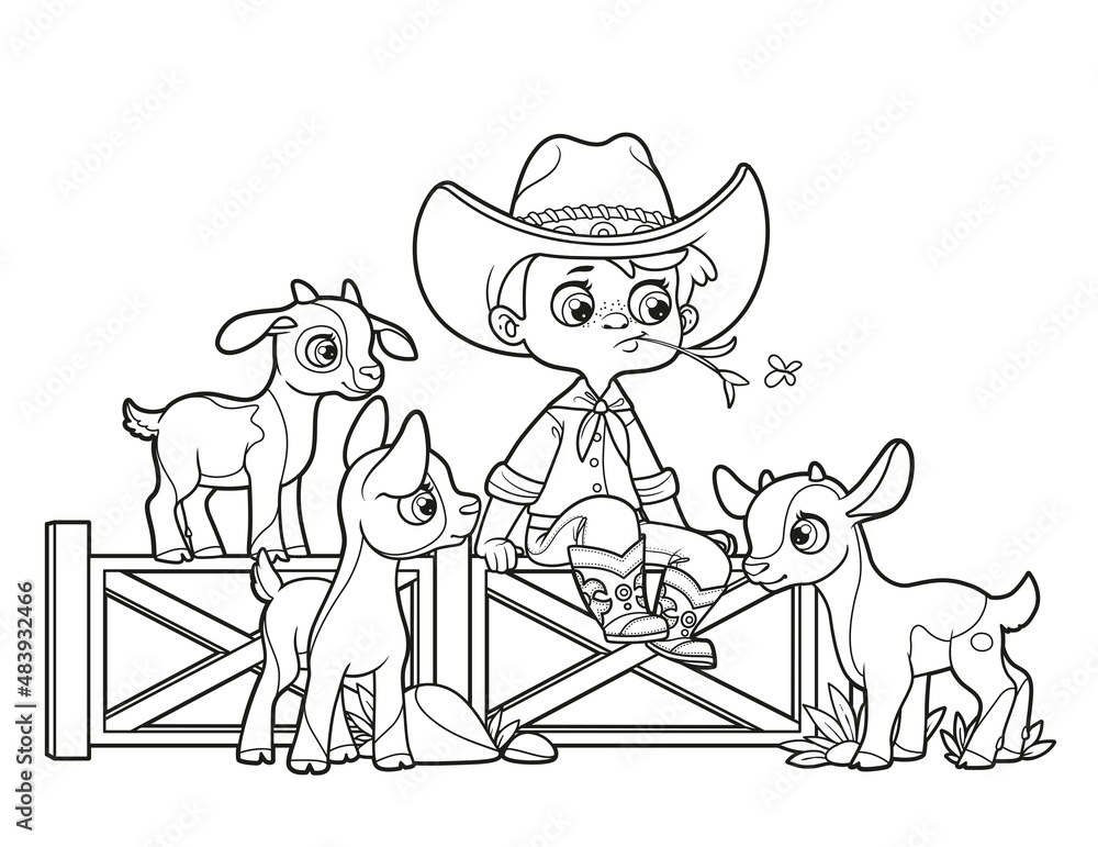 Cute cartoon boy cowboy in hat sits on the fence and looks at the ...