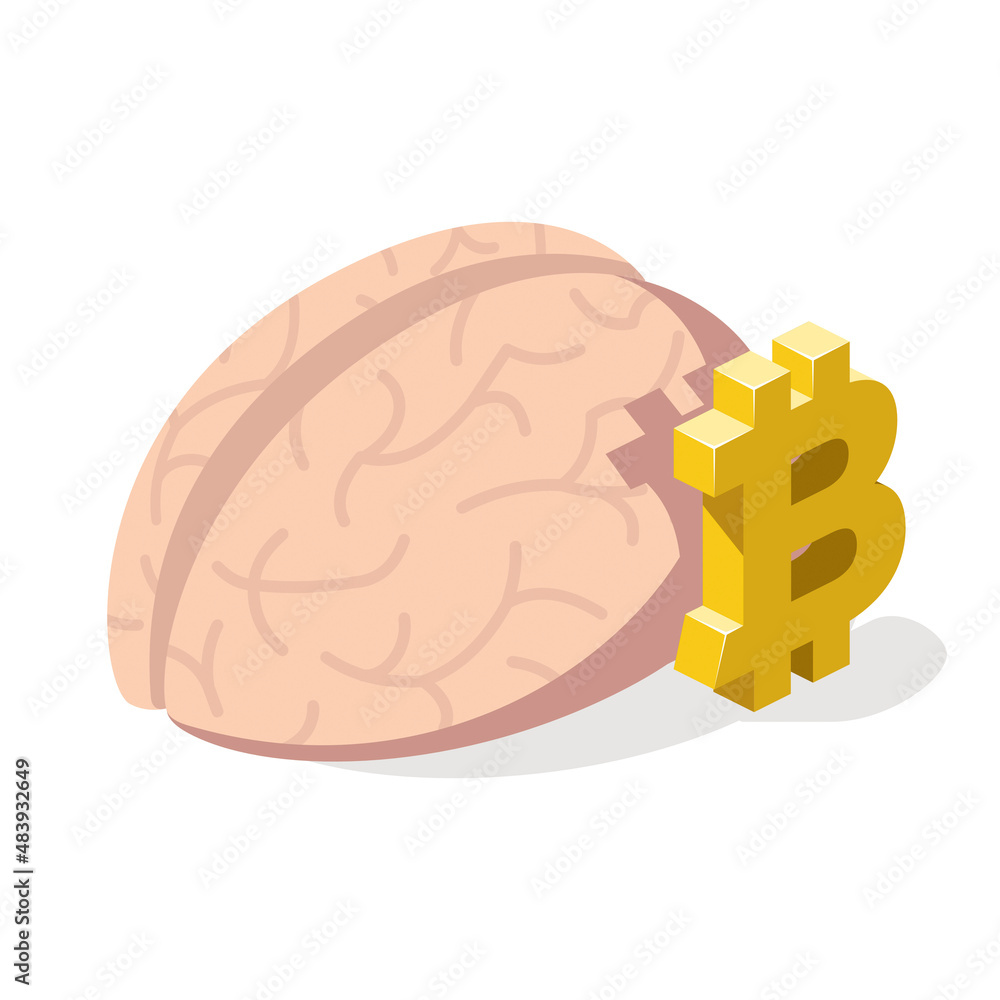 Bitcoin cryptocurrency brain. Vector 3d line isometric, color web icons ...