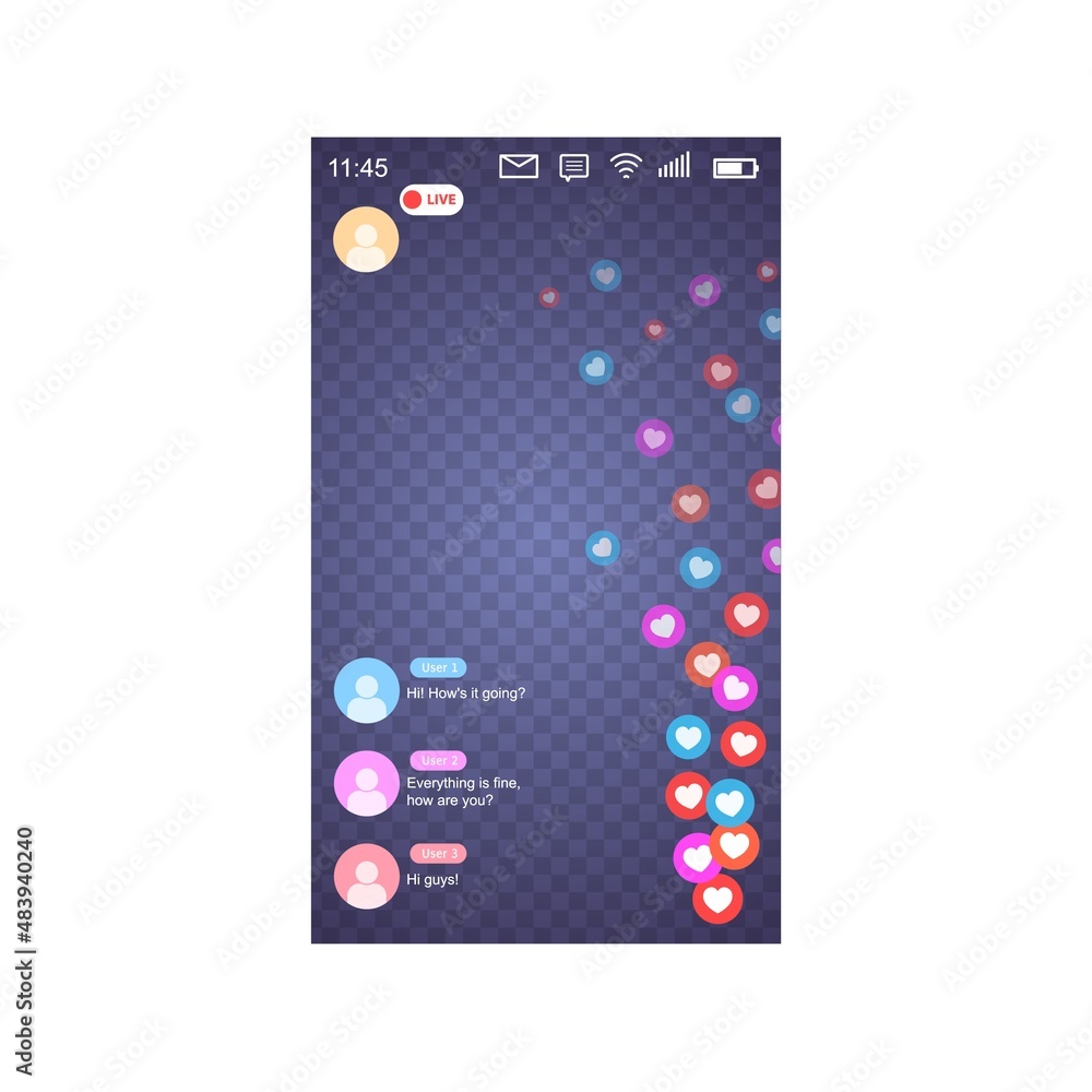 Mockup of mobile app with like live streaming. Interface photo frame ...