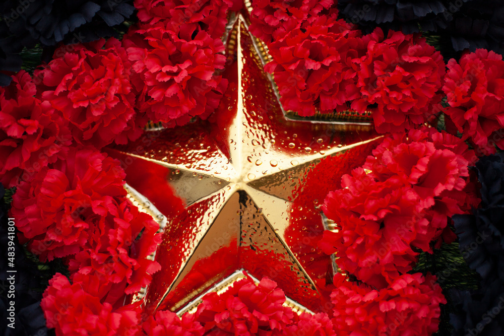 Gold star in colors. Symbol of Red Army. Details of military parade ...