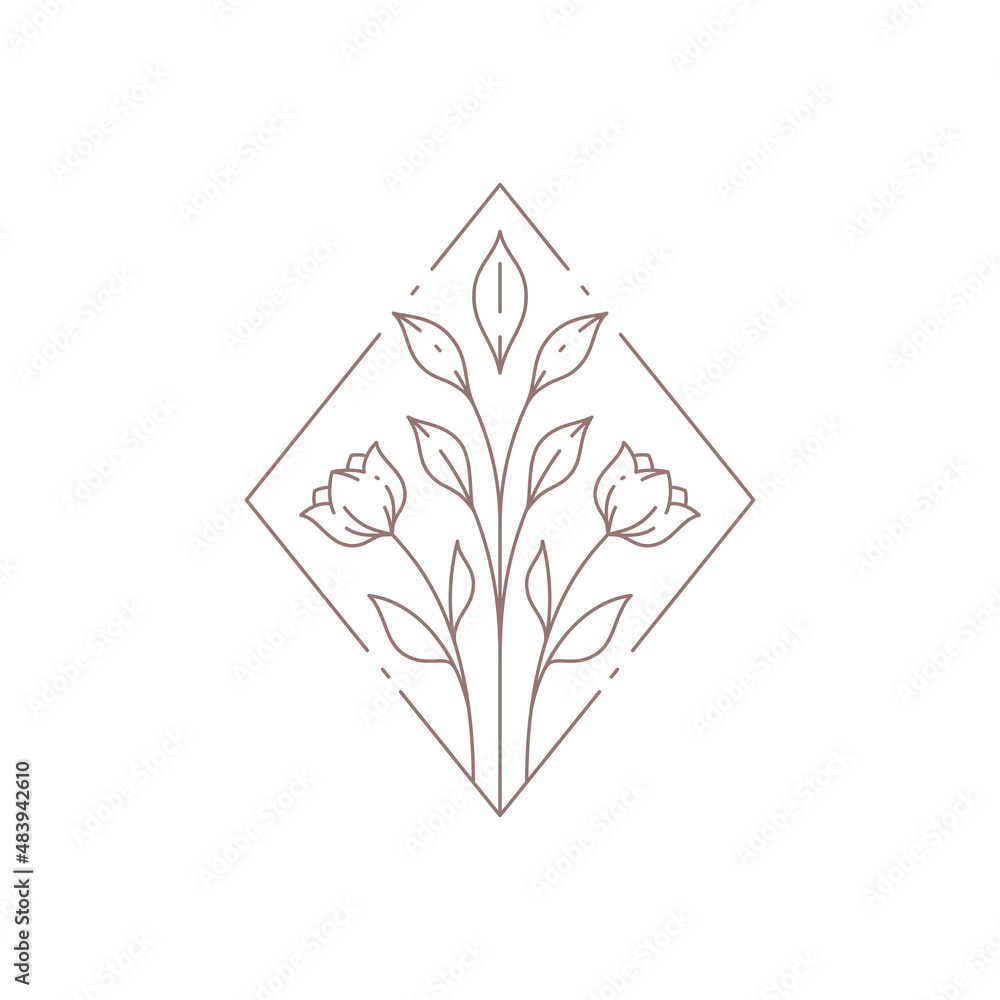 Simple linear botanical flowers with stem, buds and leaves at rhombus ...