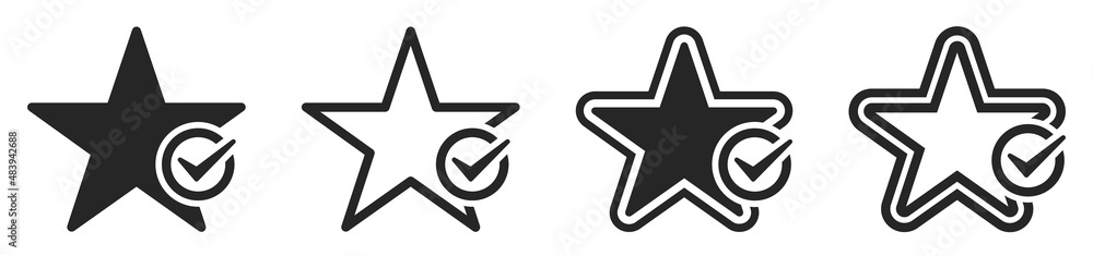 Set of star favorite icons with confirmation checkmark. Star and tick ...