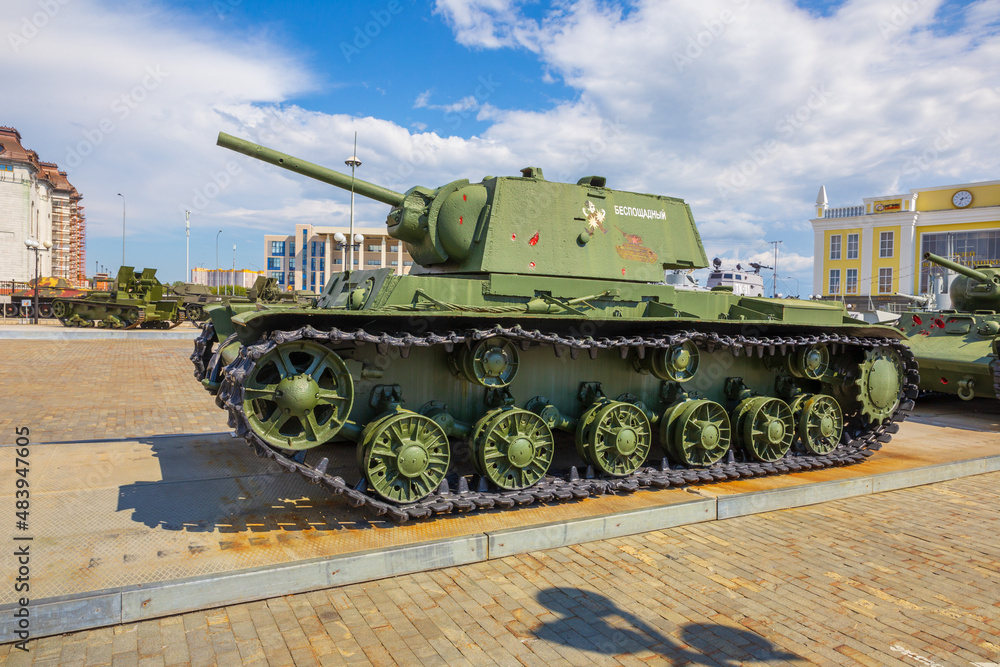 Russia, Verkhnyaya Pyshma, July 2021: Soviet heavy tank KV-1 at the ...