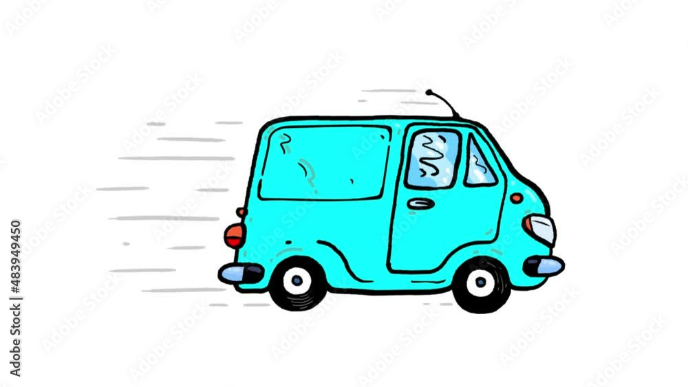 Simple mini bus van car cartoon animation isolated. Fast driving ...