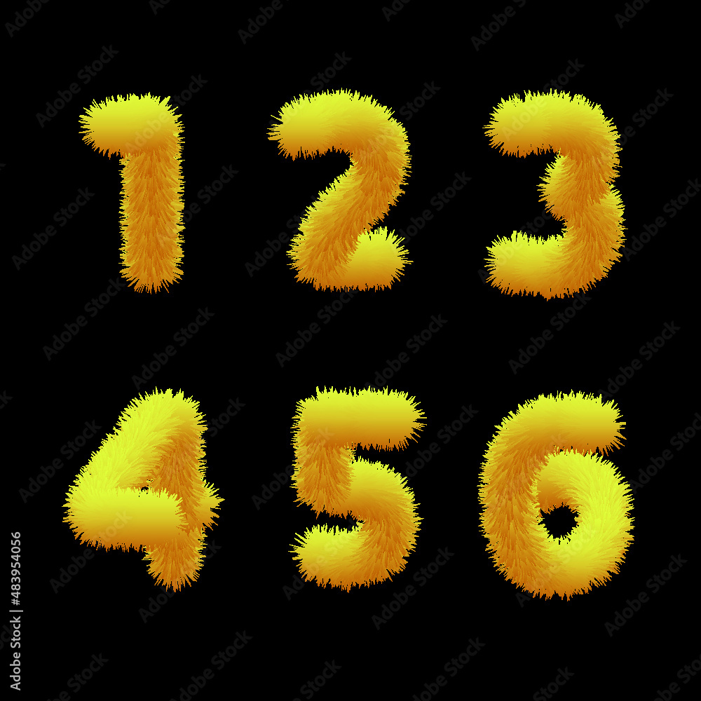 The numbers from 1 to 6 are drawn in yellow with a golden gradient, the ...