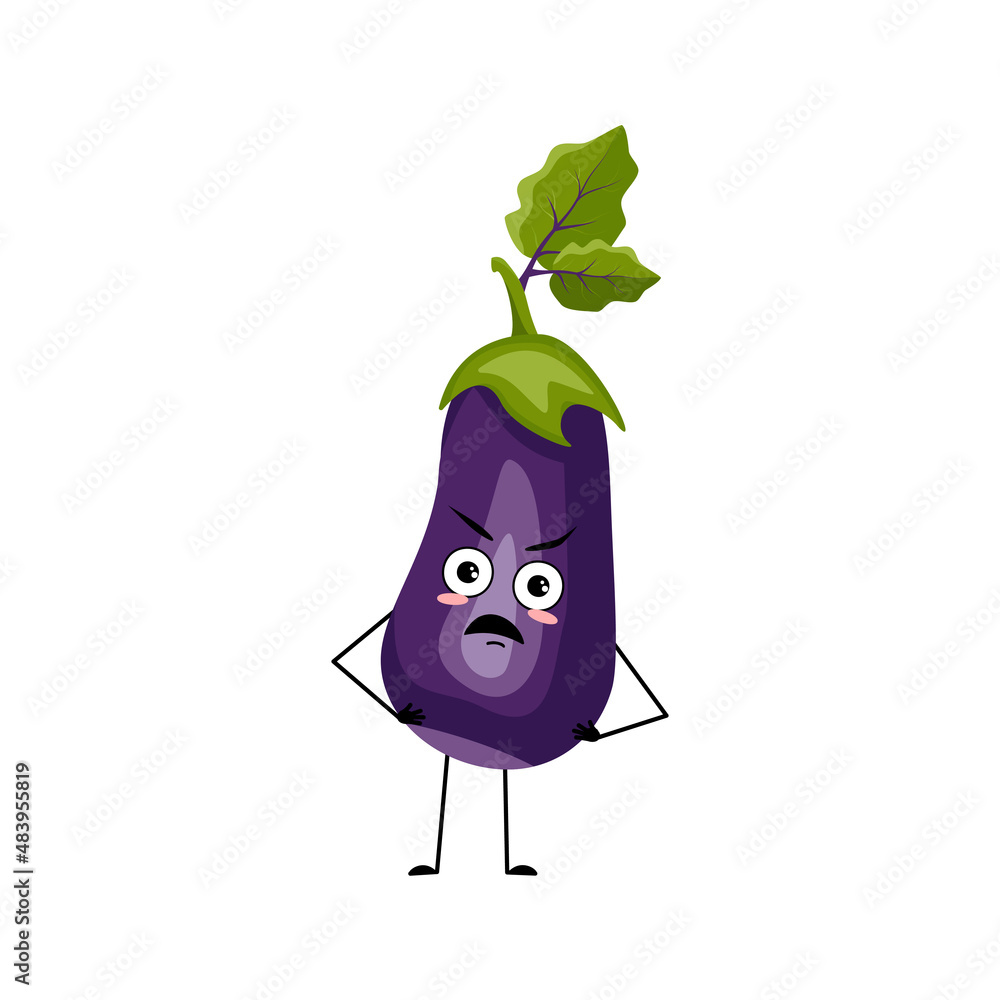 Eggplant character with angry emotions, grumpy face, furious eyes, arms ...