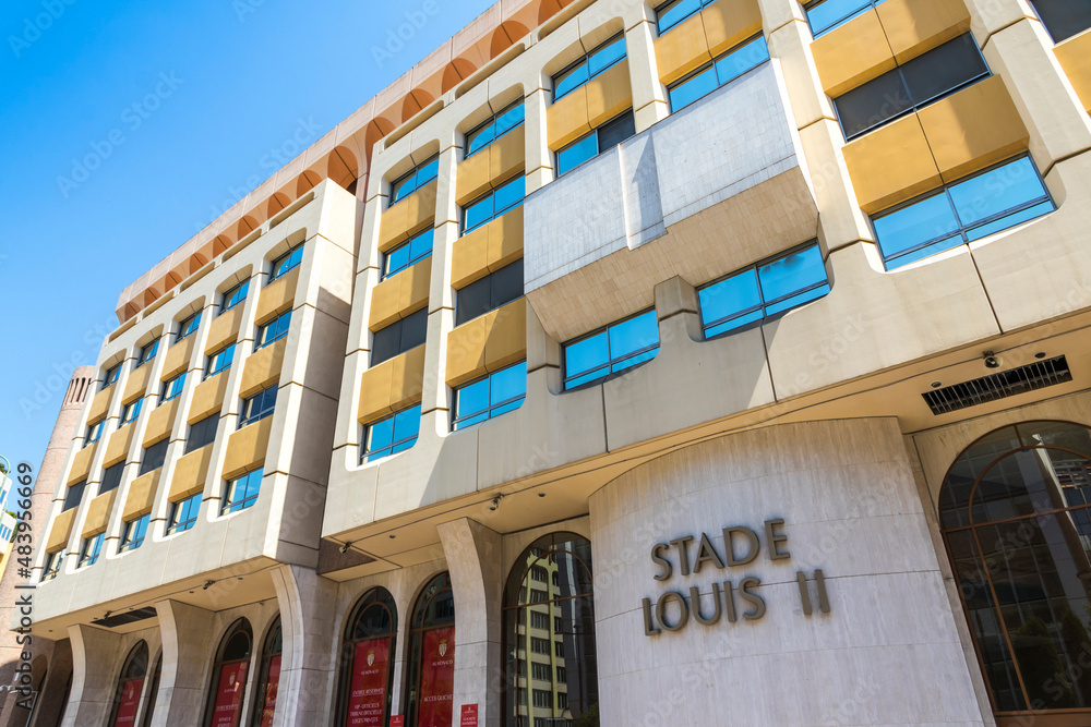 Facade of Stade Louis II stadium in Fontvieille, Monaco. It serves ...