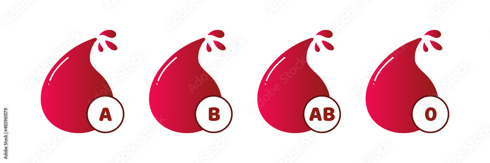 Set, collection of red blood type drops icons for blood donation ...