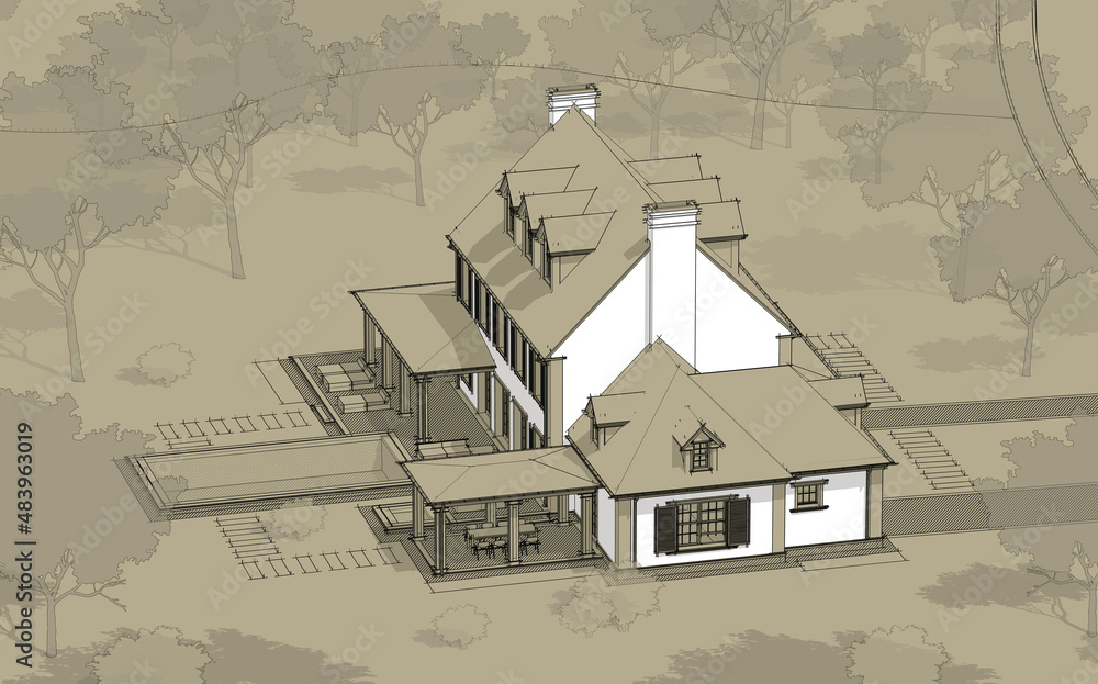 3d rendering of modern cozy classic house in colonial style with garage ...