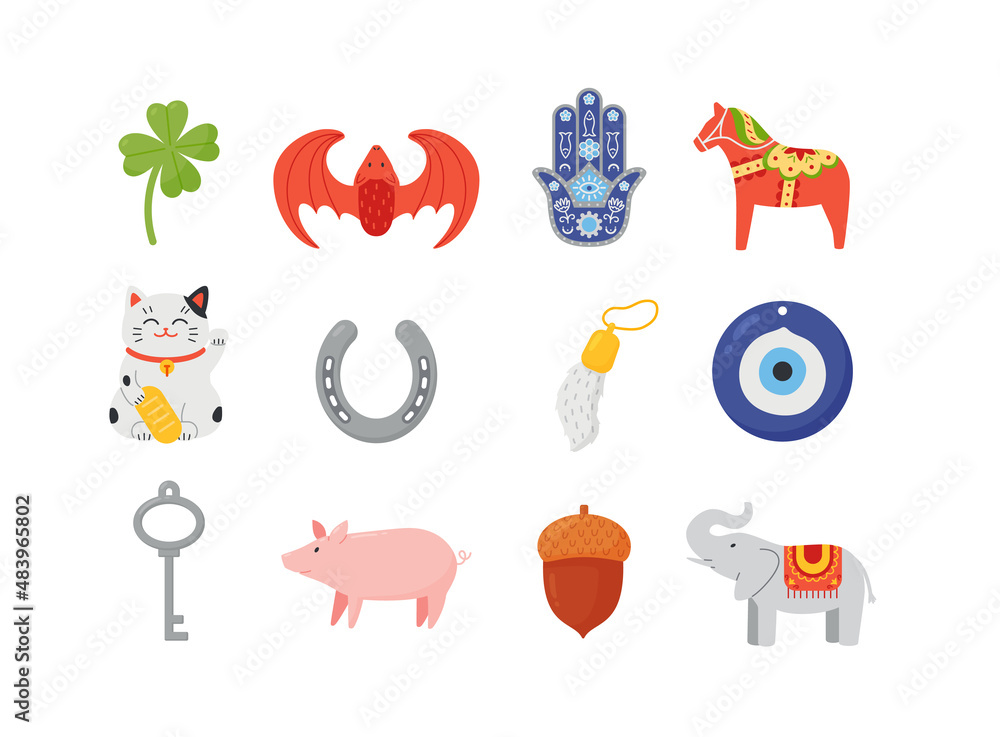 Lucky Charms and amulets icons collection, flat vector illustration ...