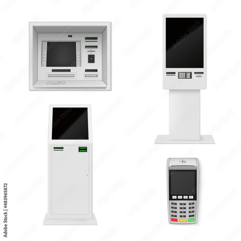 Realistic payment machine collection vector illustration. Self order kiosks, ATM, POS terminal ...