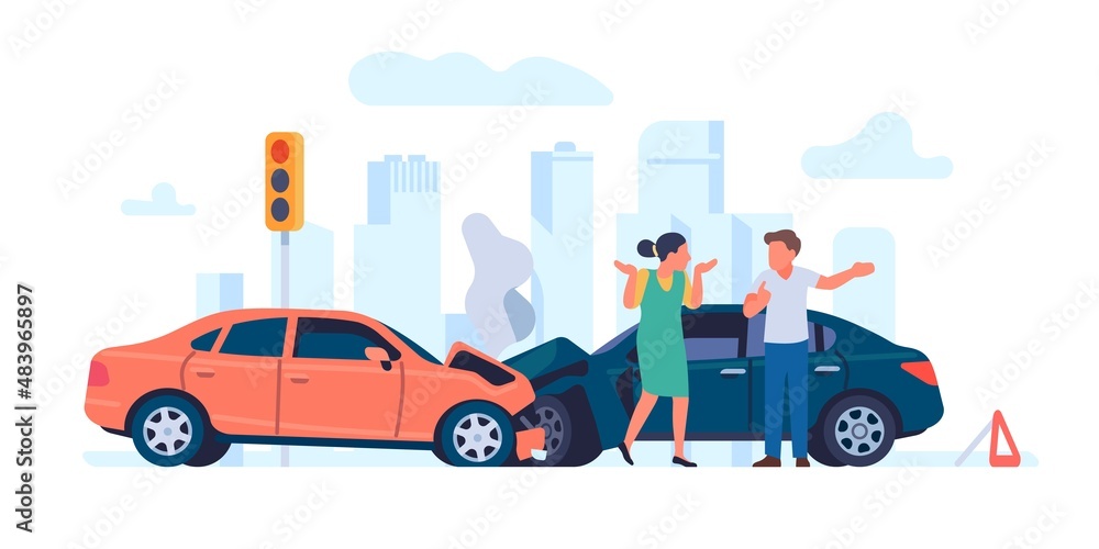 Car accident. Vehicles crash. Drivers argue at stoplight. Broken ...