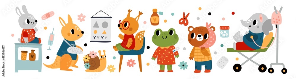 Cute patients animals. Sick cartoon characters. Injured kangaroo. Bear ...