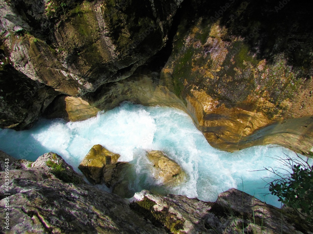 Soca river flowing through the Great Soca gorge in Trenta valley in ...