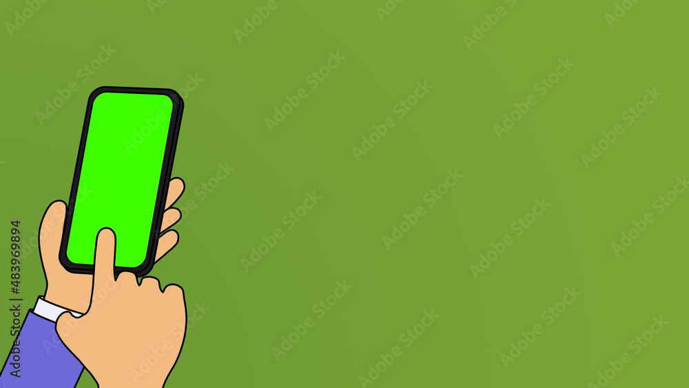 Cartoon hand hold smartphone. Green screen chromakey mockup on isolated ...