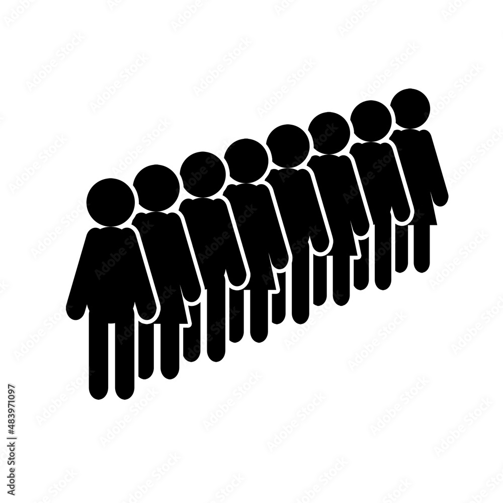 Long row of people waiting in a queue, black icons isolated on white ...