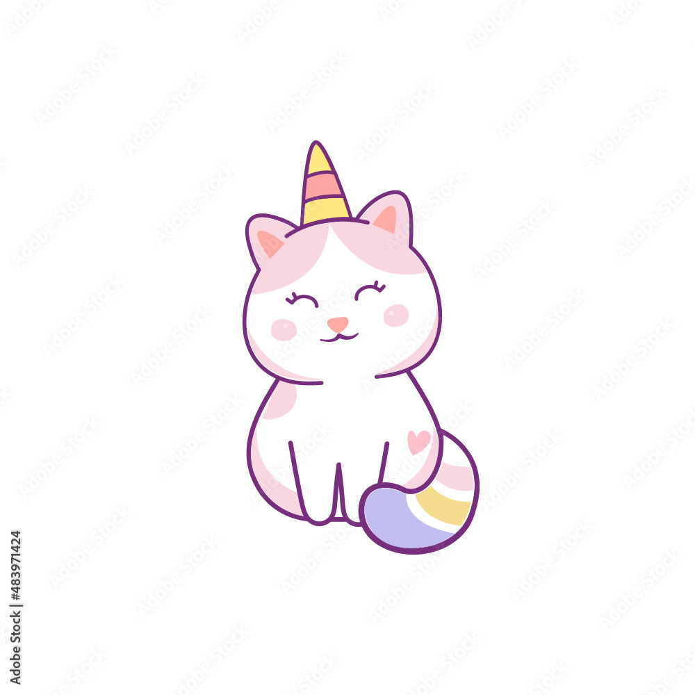 Cartoon cute white cat unicorns. Funny caticorn kittens vector. Stock ...