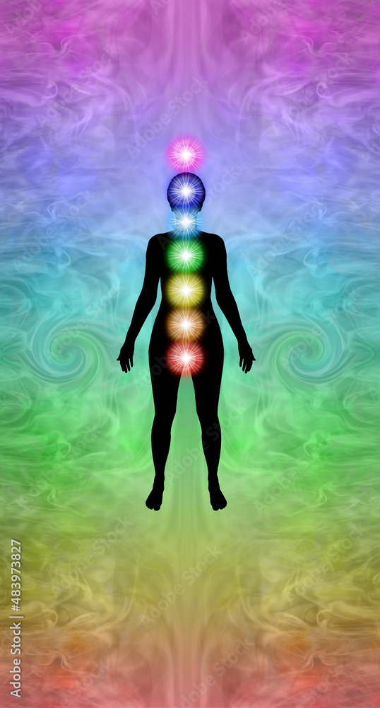 Chakra location on human body diagram - female silhouette with seven ...