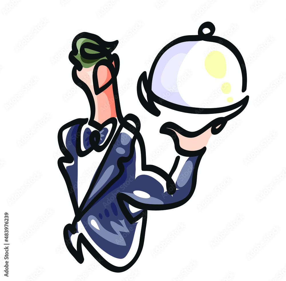 One line drawing of standing waiter. One continuous line drawing of ...